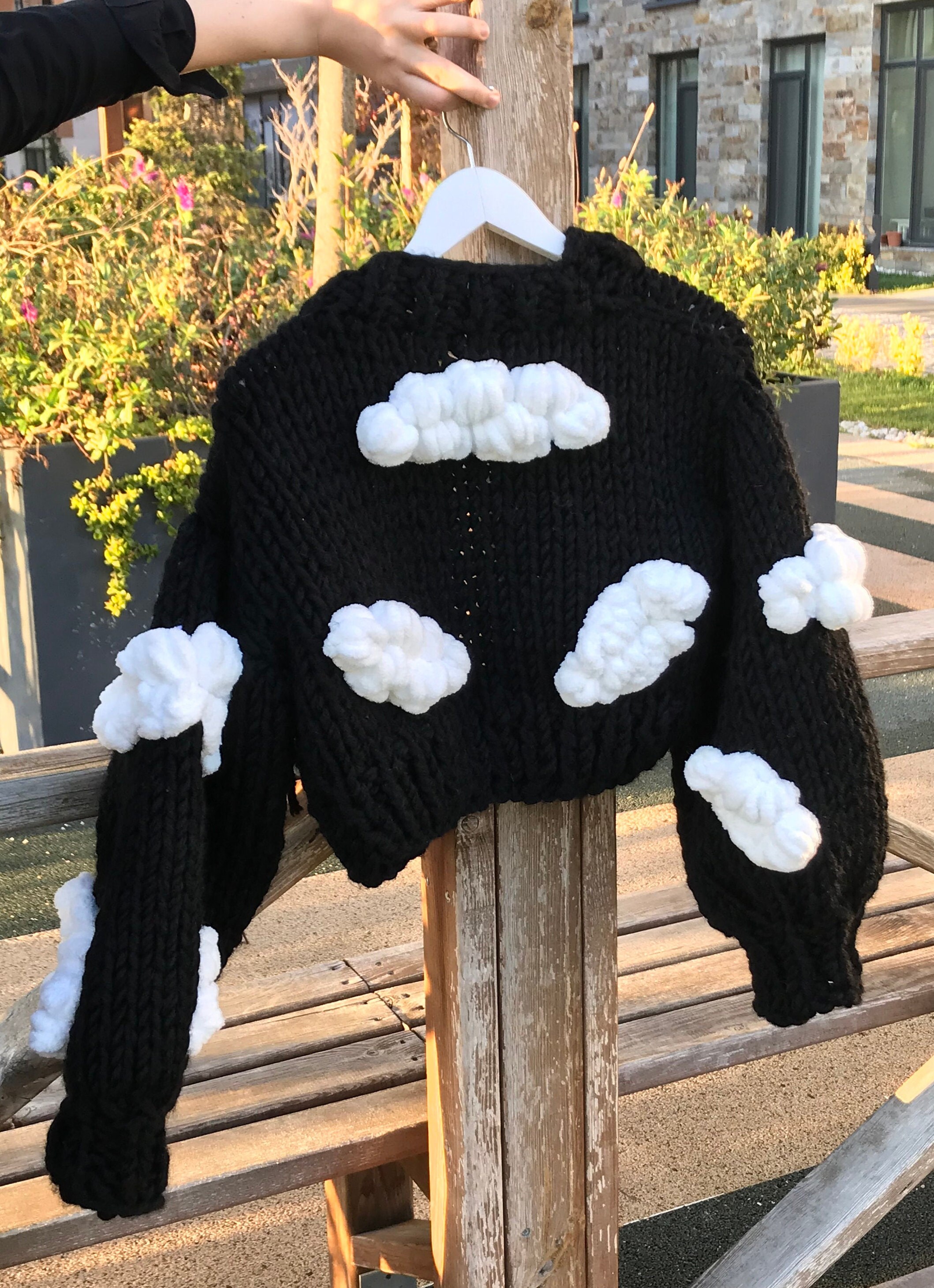 Cloud Knit Cardigan, 3D Fluffy Clouds, Black Chunky Cardigan for Women ...