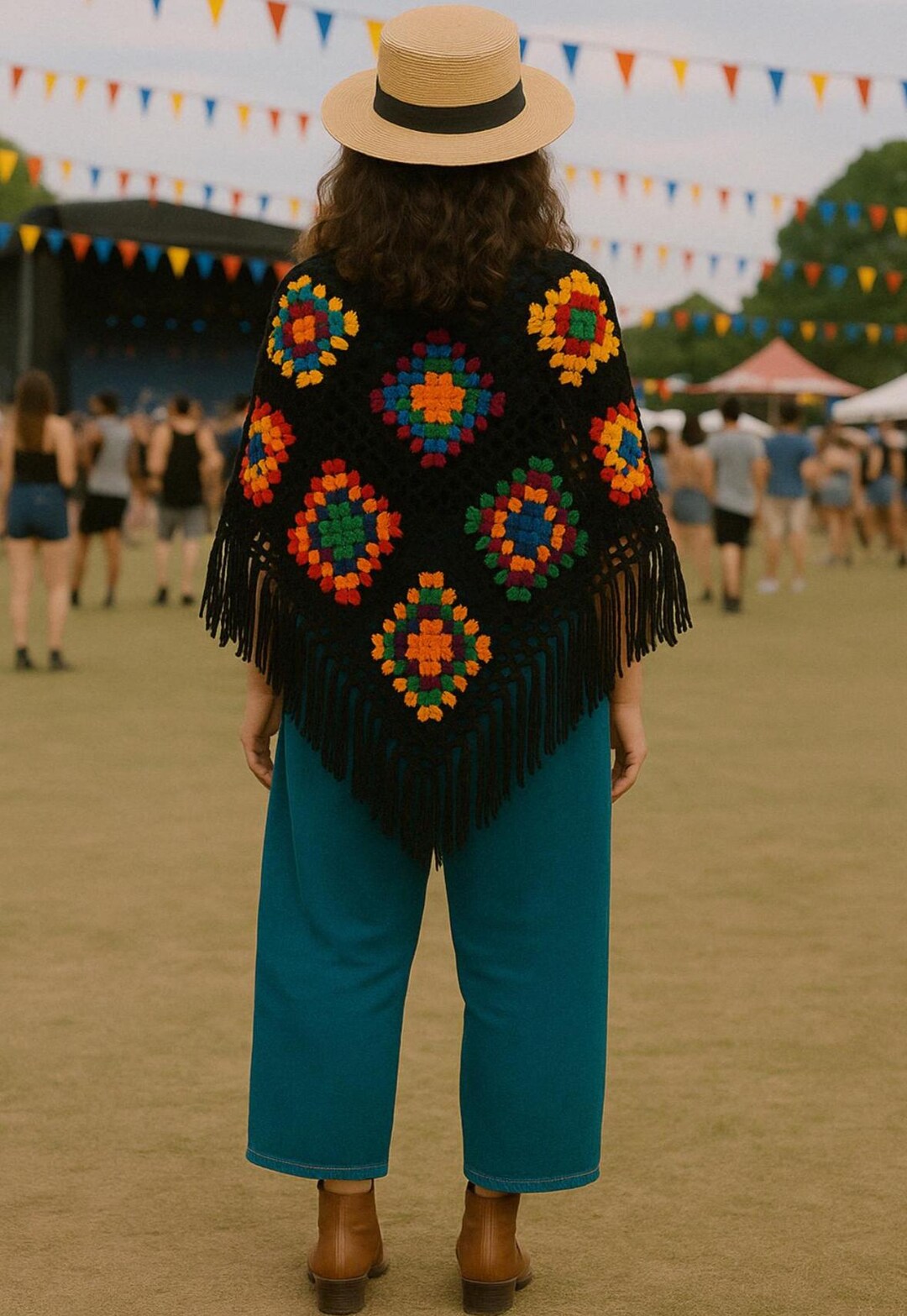 Granny Square Poncho Women, Crochet Women Poncho With Sleeves, Fringed ...