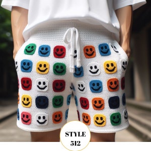 Smiley Face Men Shorts, Smile Face Crochet Short Pants for Men, Summer ...