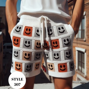 Smiley Face Men Shorts, Smile Face Crochet Short Pants for Men, Summer ...