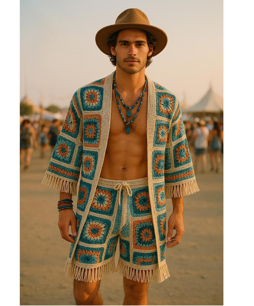 Men Crochet Festival Outfit, Rave Crochet Kimono and Crocheted Shorts ...