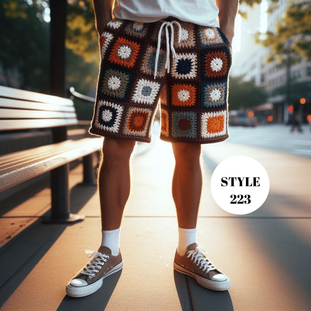 Granny Square Shorts, Boho Colorful Men's Ethnic Shorts, Summer Hand ...