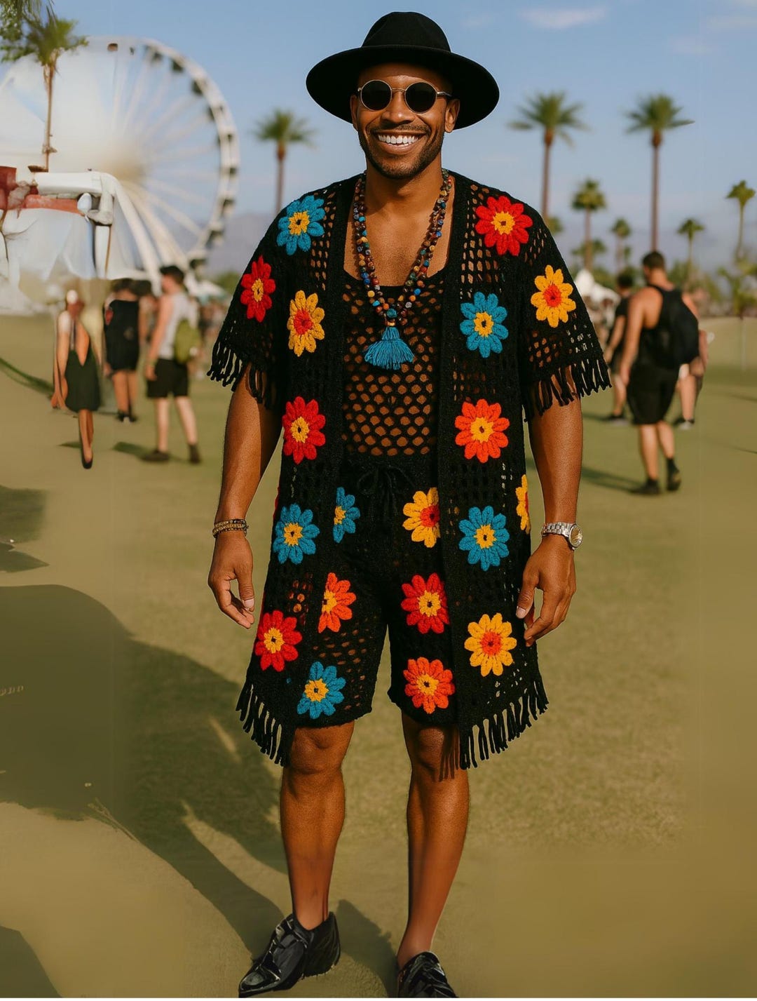 Crochet Poncho Men, Rave Knit Poncho and Shorts Outfit for Men ...