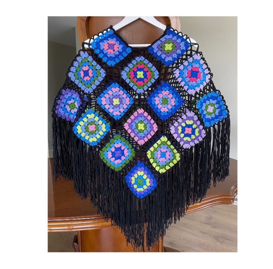 Crochet Poncho With Sleeves, Black Hand Knit Crochet Granny Square ...