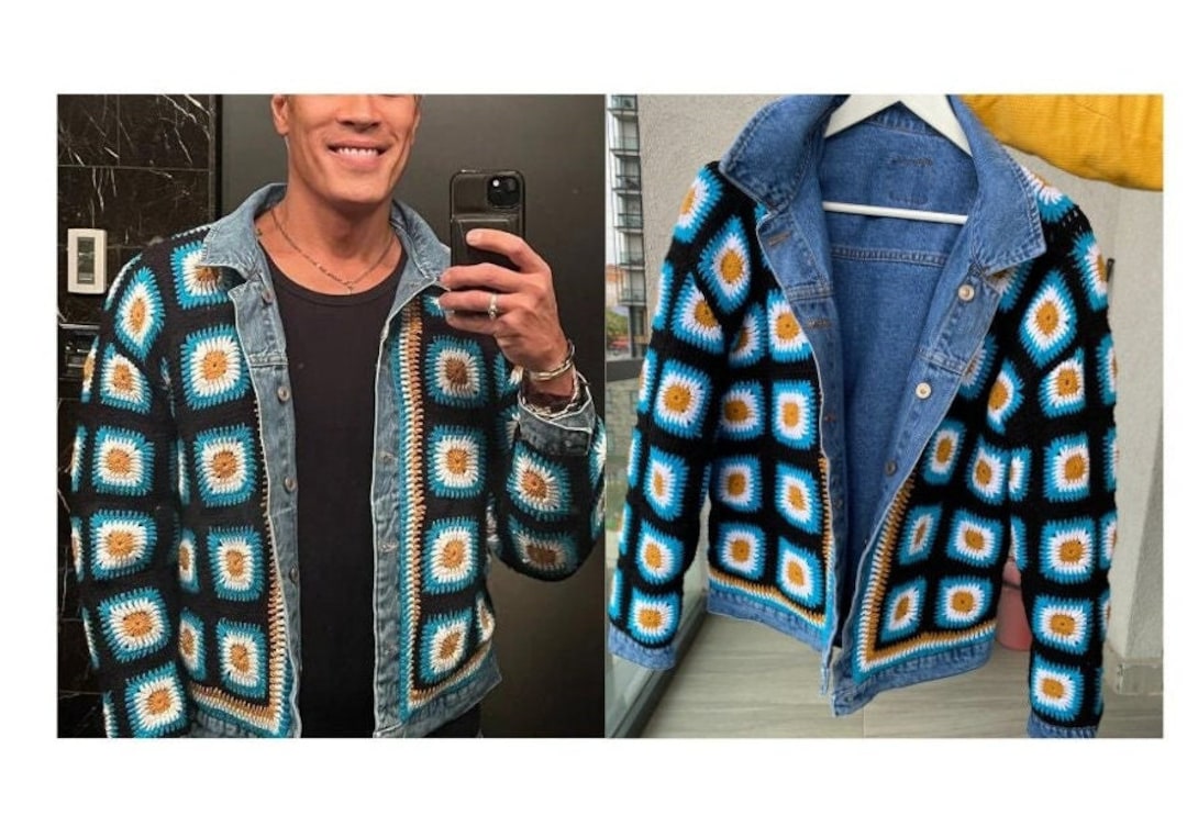Crochet Denim Jacket, Reversible Jean Jacket for Mens, Crochet Men ...