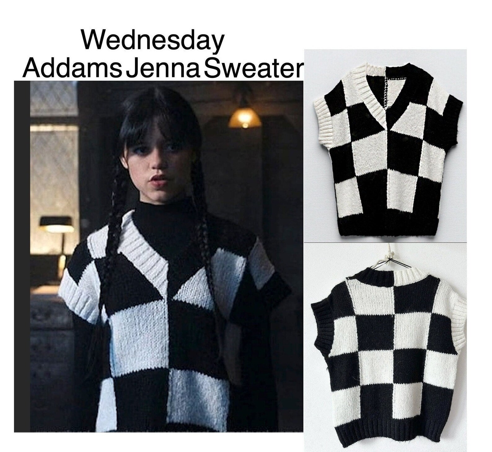 Wednesday Addams Jenna Black-white Sweater Vest Handknit - Etsy