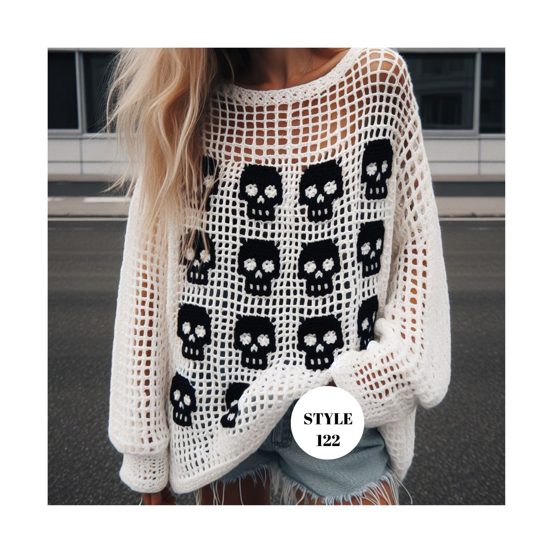 Skull Sweatshirt Women, Bohemian Mesh Sweater for Women, Gothic Top for ...