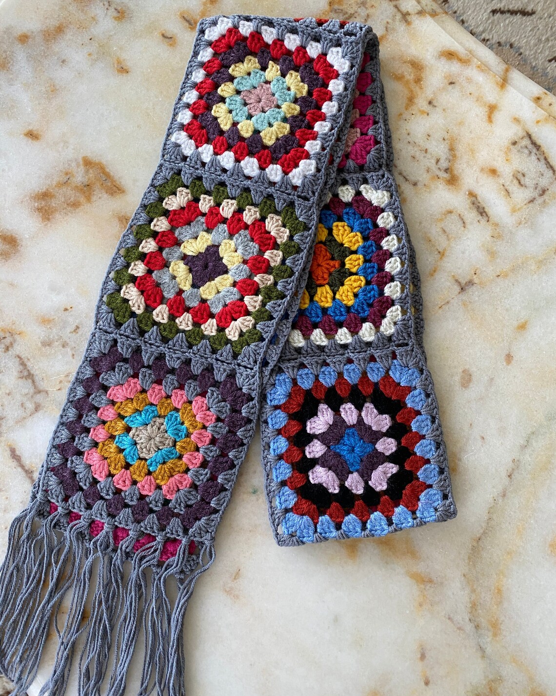 Granny Square Scarf Gifts for Her, Grey Colorful Crochet Scarf, Hand ...