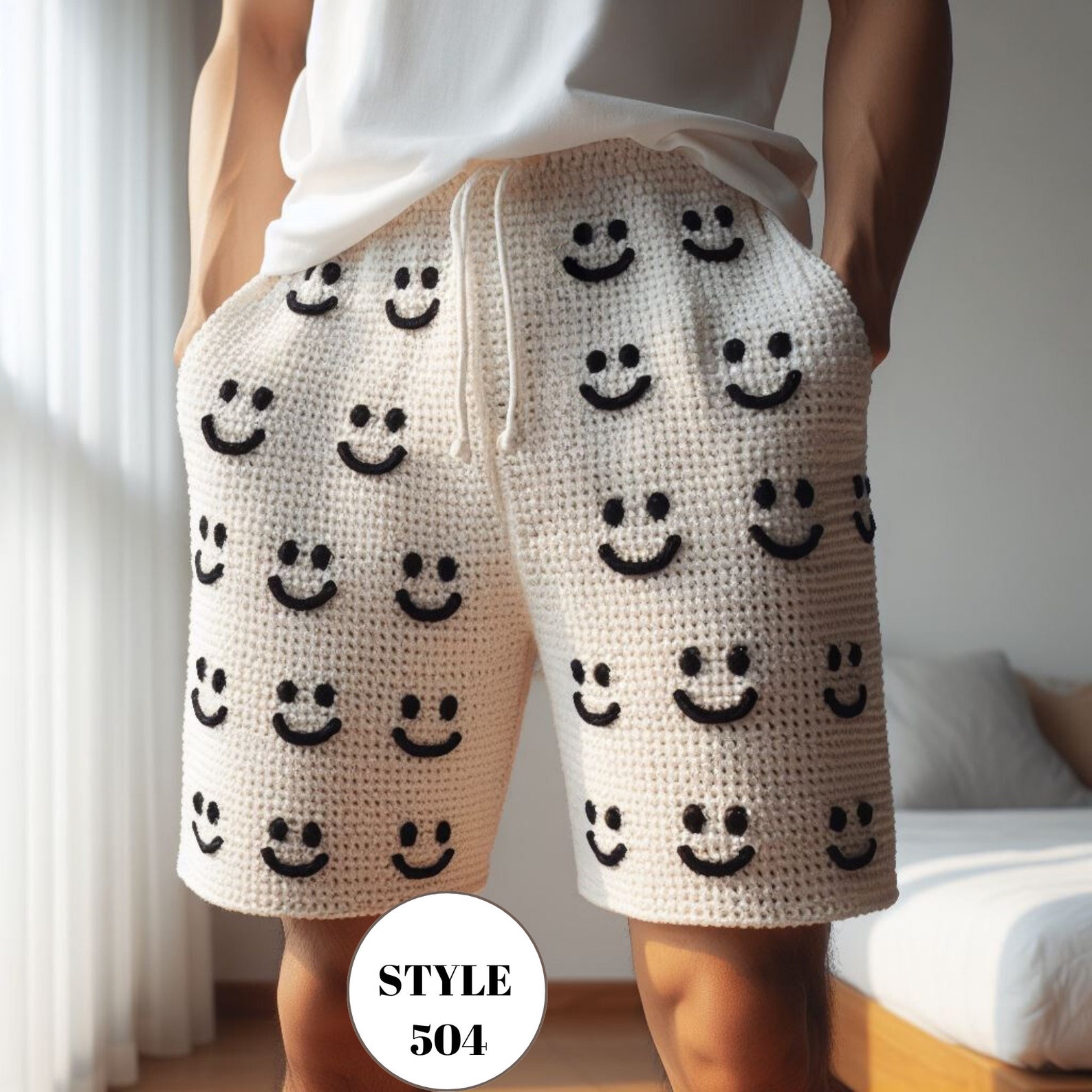 Summer Men's Shorts, Smiley Face Men's Shorts, Smile Face Crochet Short ...