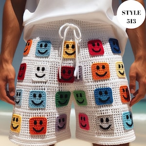 Smiley Face Men Shorts, Smile Face Crochet Short Pants for Men, Summer ...