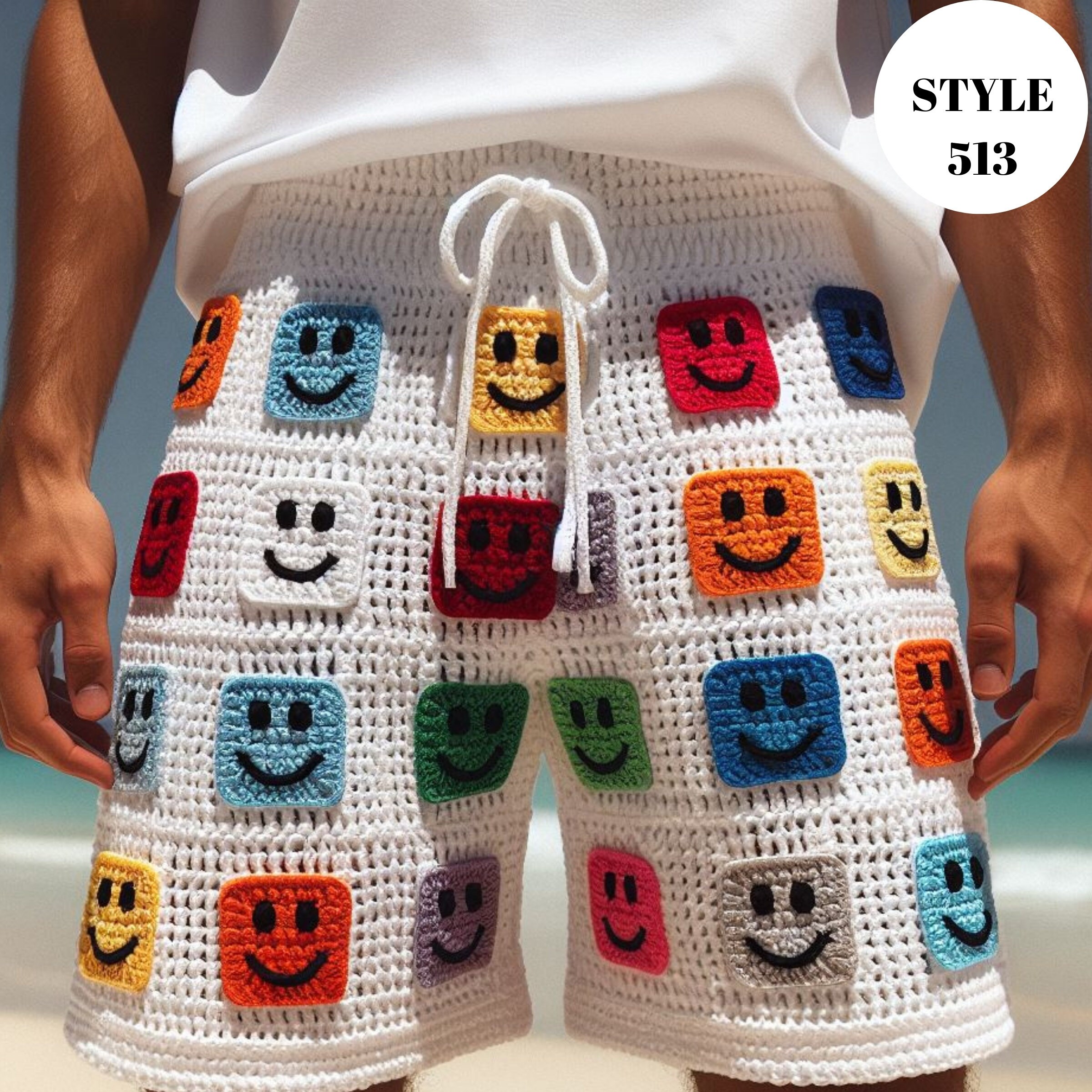Smiley Face Men Shorts, Smile Face Crochet Short Pants for Men, Summer ...