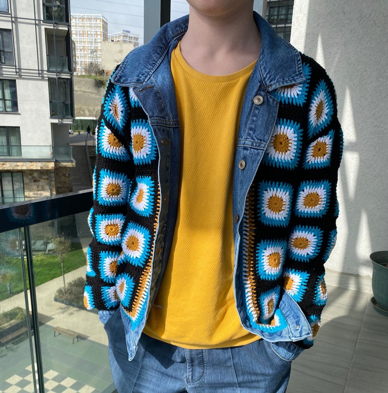Crochet Denim Jacket Mens With Crochet Sleeves, 2 Sided Mens Jean Knit ...