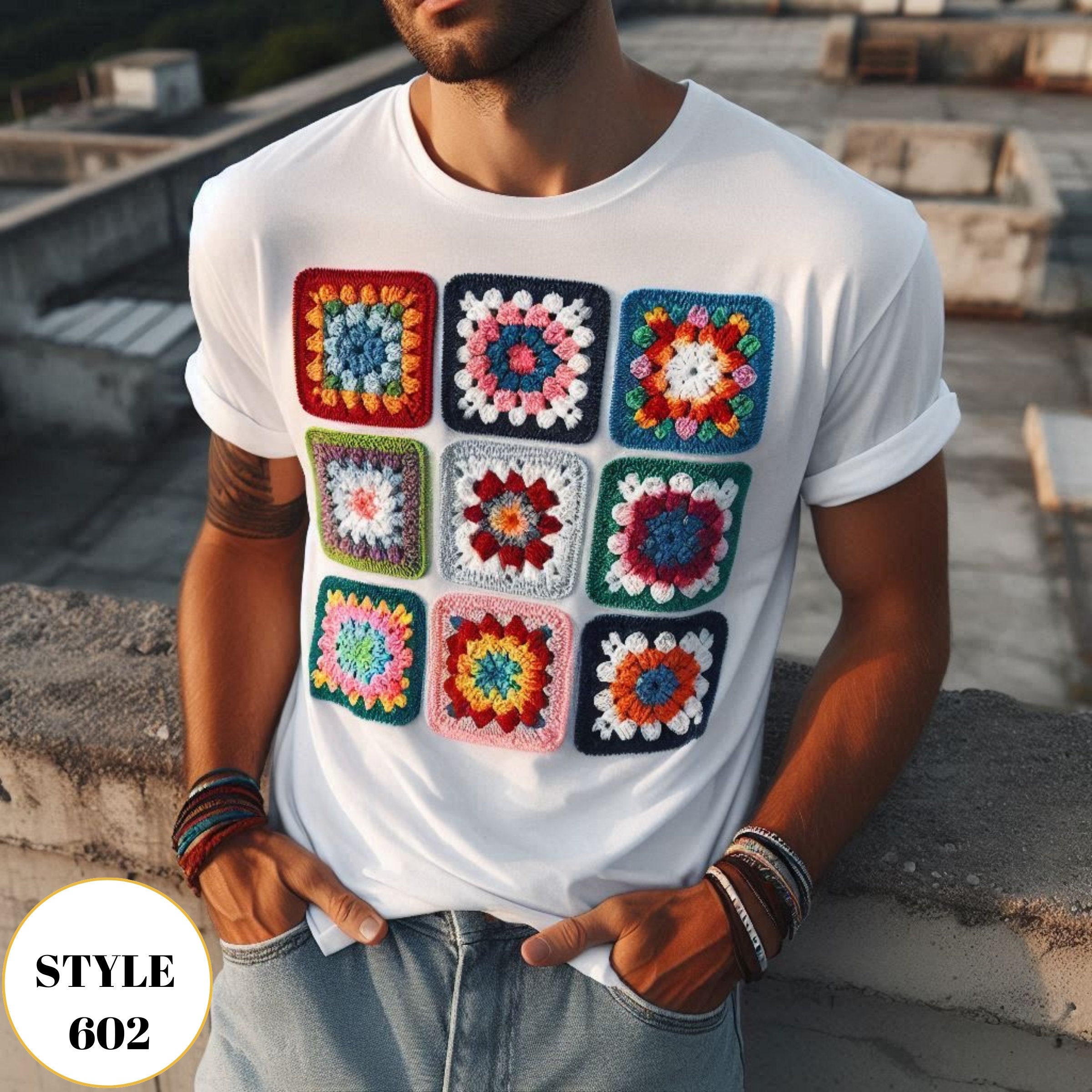 Granny Square Sewed Basic T-shirts, Colorful Crocheted Summer Tee ...