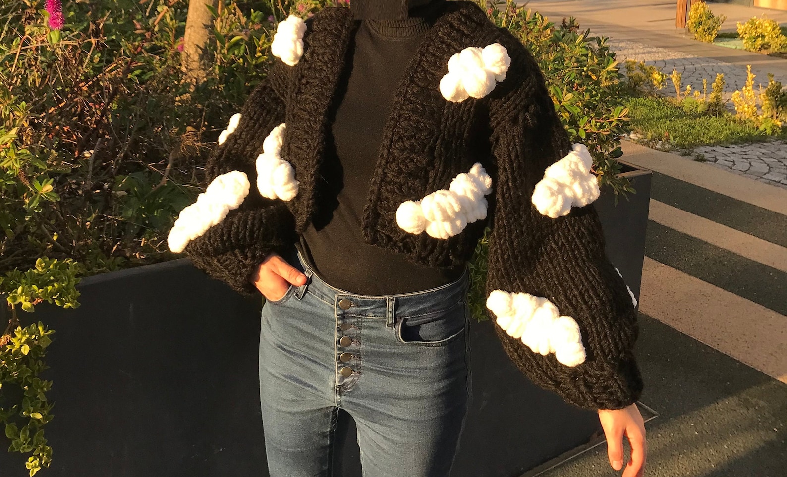 Cloud Knit Cardigan, 3D Fluffy Clouds, Black Chunky Cardigan for Women ...