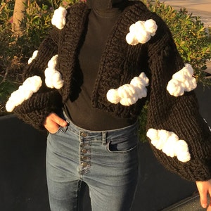 Cloud Knit Cardigan, 3D Fluffy Clouds, Black Chunky Cardigan for Women ...