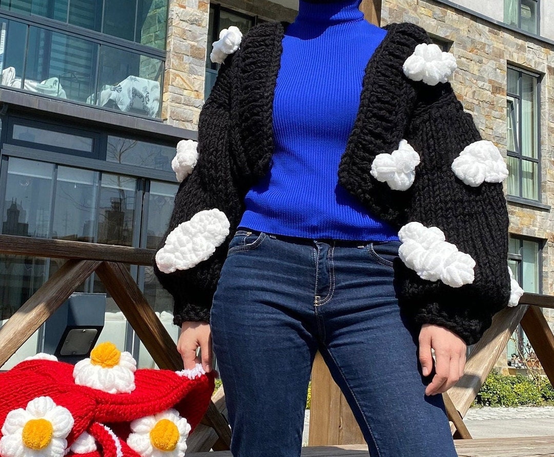 Cloud Cardigan, 3D Fluffy Clouds Cropped Cardigan, Black - Red Chunky ...