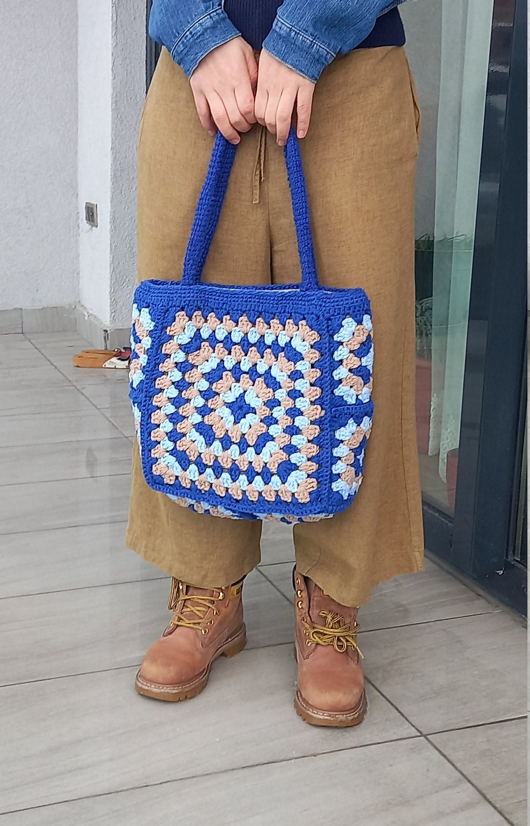 Crochet Bag Crochet Tote Bag for Women Brown/navy Blue - Etsy