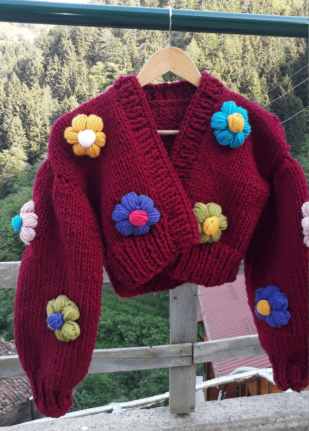 Red Daisy Cardigan for Woman, Maroon Hand Knit Jacket Women, Chunky ...