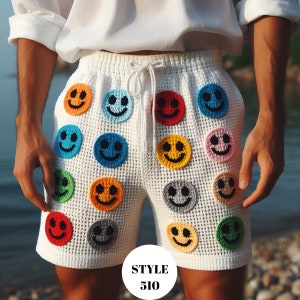 Smiley Face Men Shorts, Smile Face Crochet Short Pants for Men, Summer ...