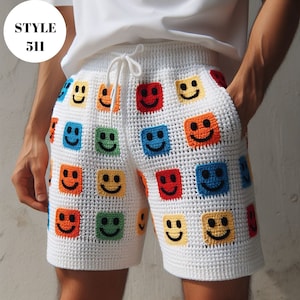 Smiley Face Men Shorts, Smile Face Crochet Short Pants for Men, Summer ...