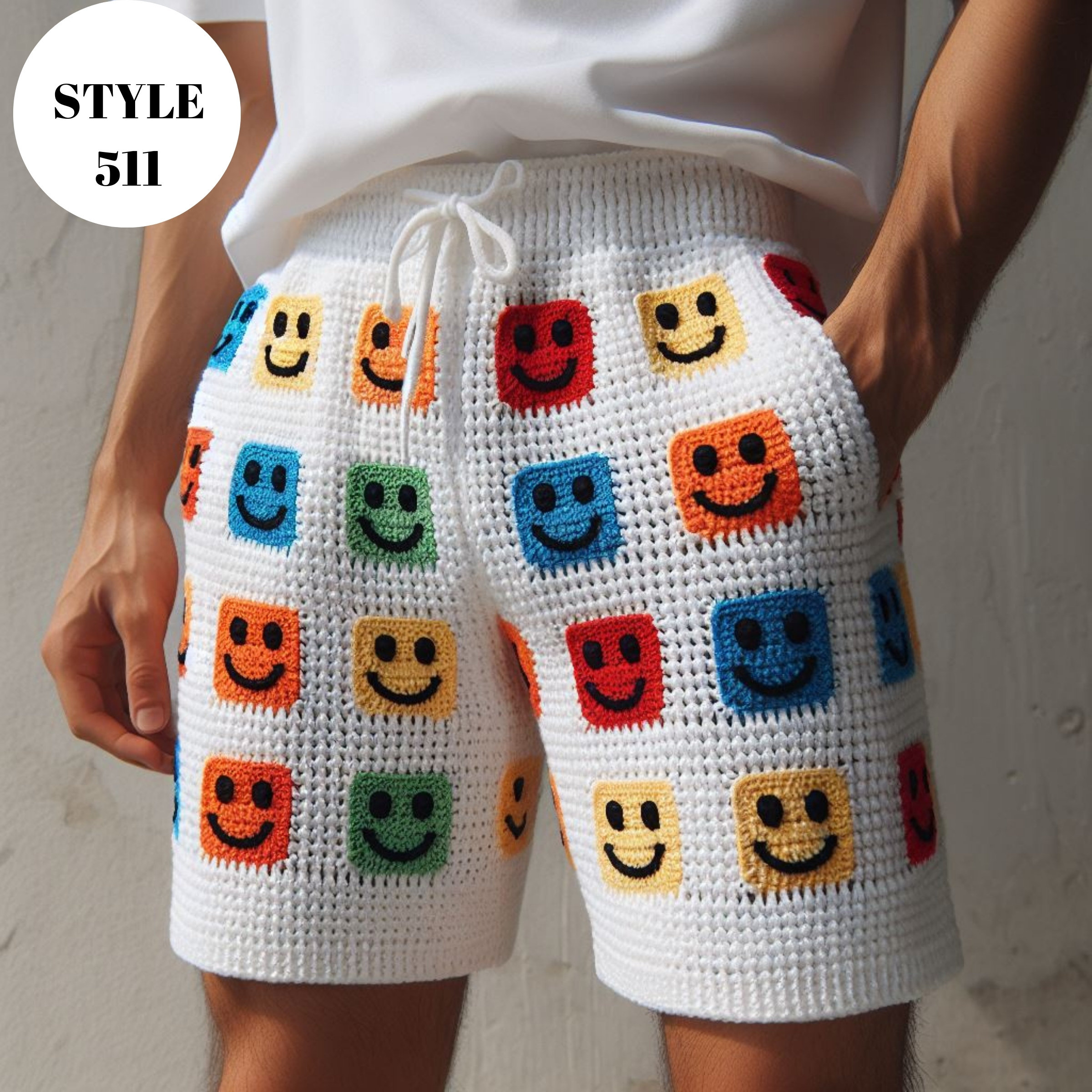 Smiley Face Men Shorts, Smile Face Crochet Short Pants for Men, Summer ...