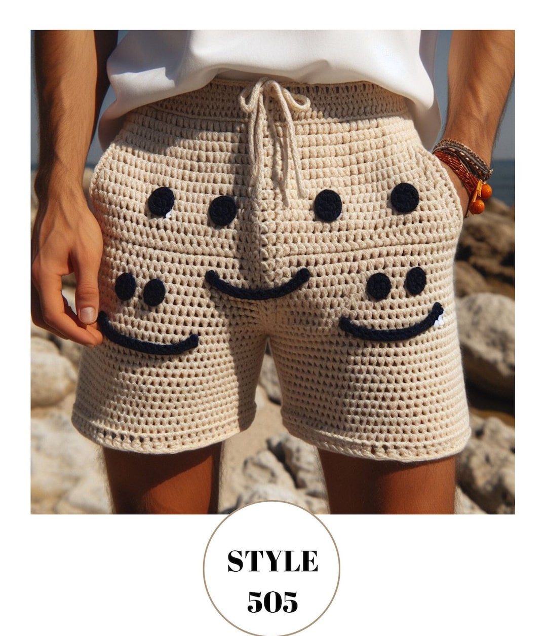 Smiley Face Men's Shorts, Smile Face Crochet Short Pant for Men, Summer ...