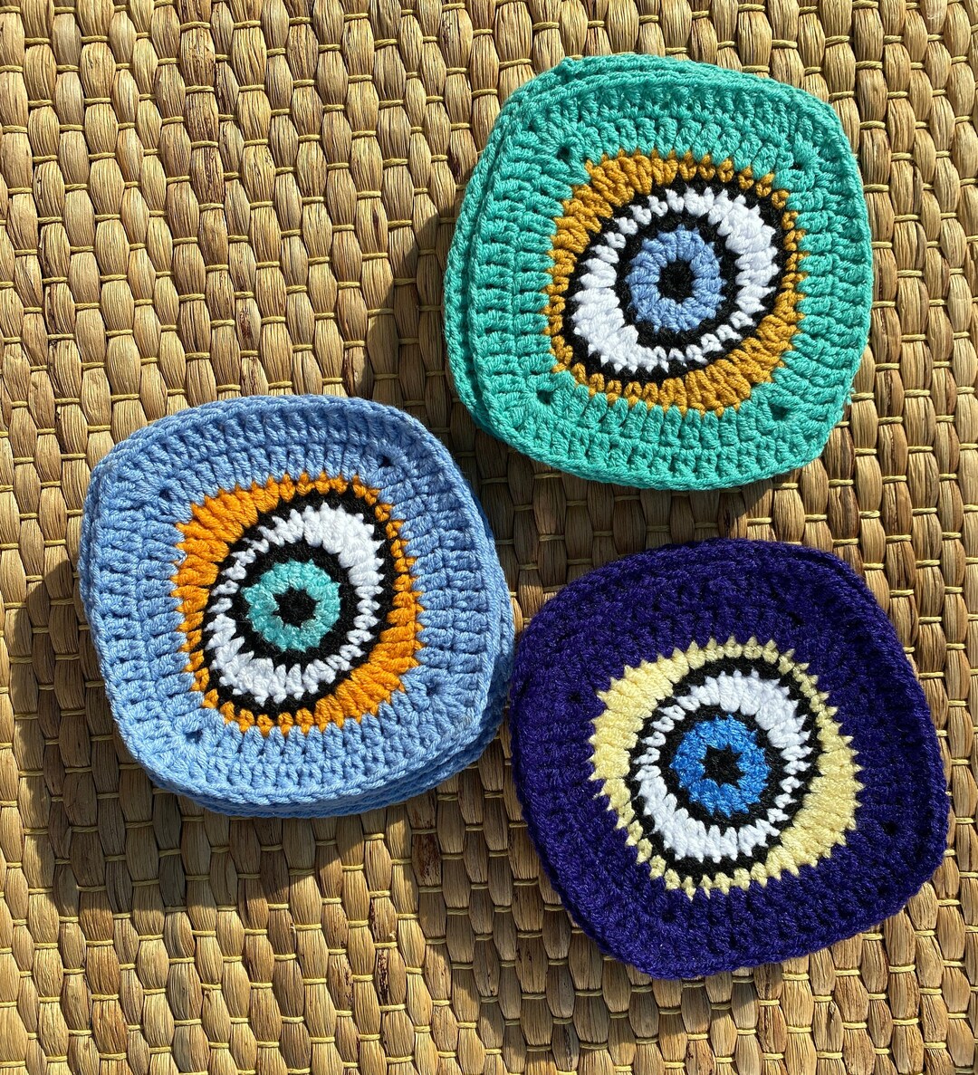 Crochet Evil Eye Set Crocheted Granny Squares, Witchy Finished Square ...