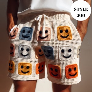 Smiley Face Men Shorts, Smile Face Crochet Short Pants for Men, Summer ...
