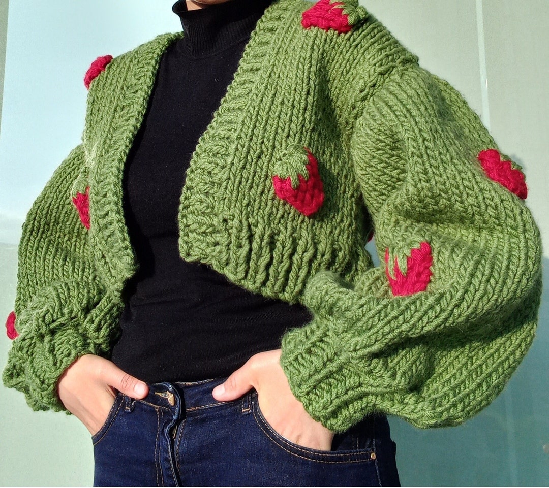 Strawberry Red & Green Sweater for Women, Warm Soft Strawberry Cardigan ...