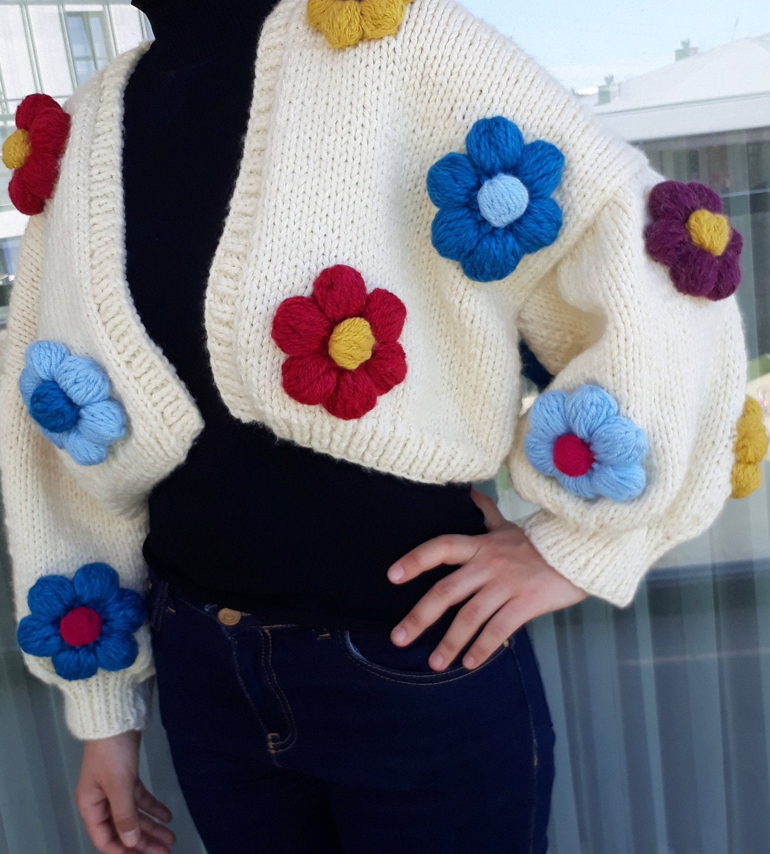 Daisy Cardigan for Woman, Flower Cardigan, Multicolor Hand Knit Jacket ...