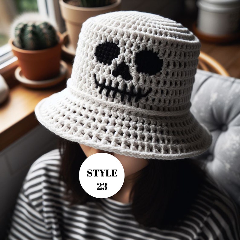 Pink Skull Bucket Hats Women, Boho Skull Crochet Bucket Hat for Beach ...