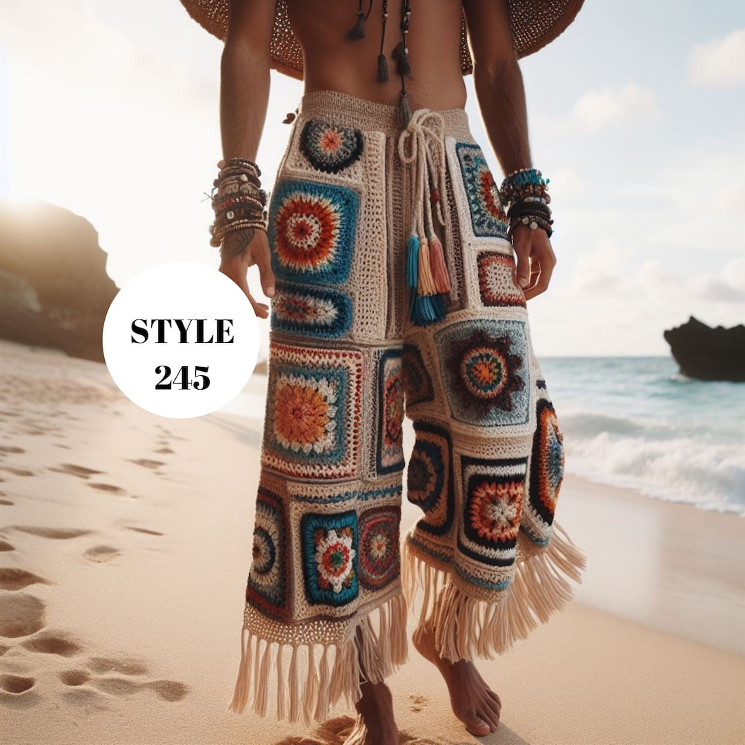 Crochet Boho Pants Men, Retro Pants, Vintage Granny Square Pants Men ...