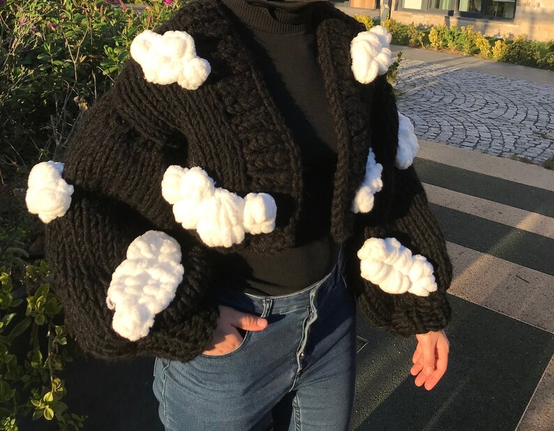 Cloud Knit Cardigan, 3D Fluffy Clouds, Black Chunky Cardigan for Women ...