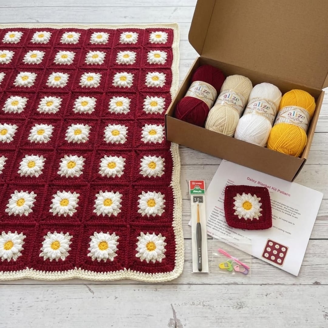 Crochet Daisy Blanket Kit, DIY 3D Floral Throw Kit, Beginner Friendly ...