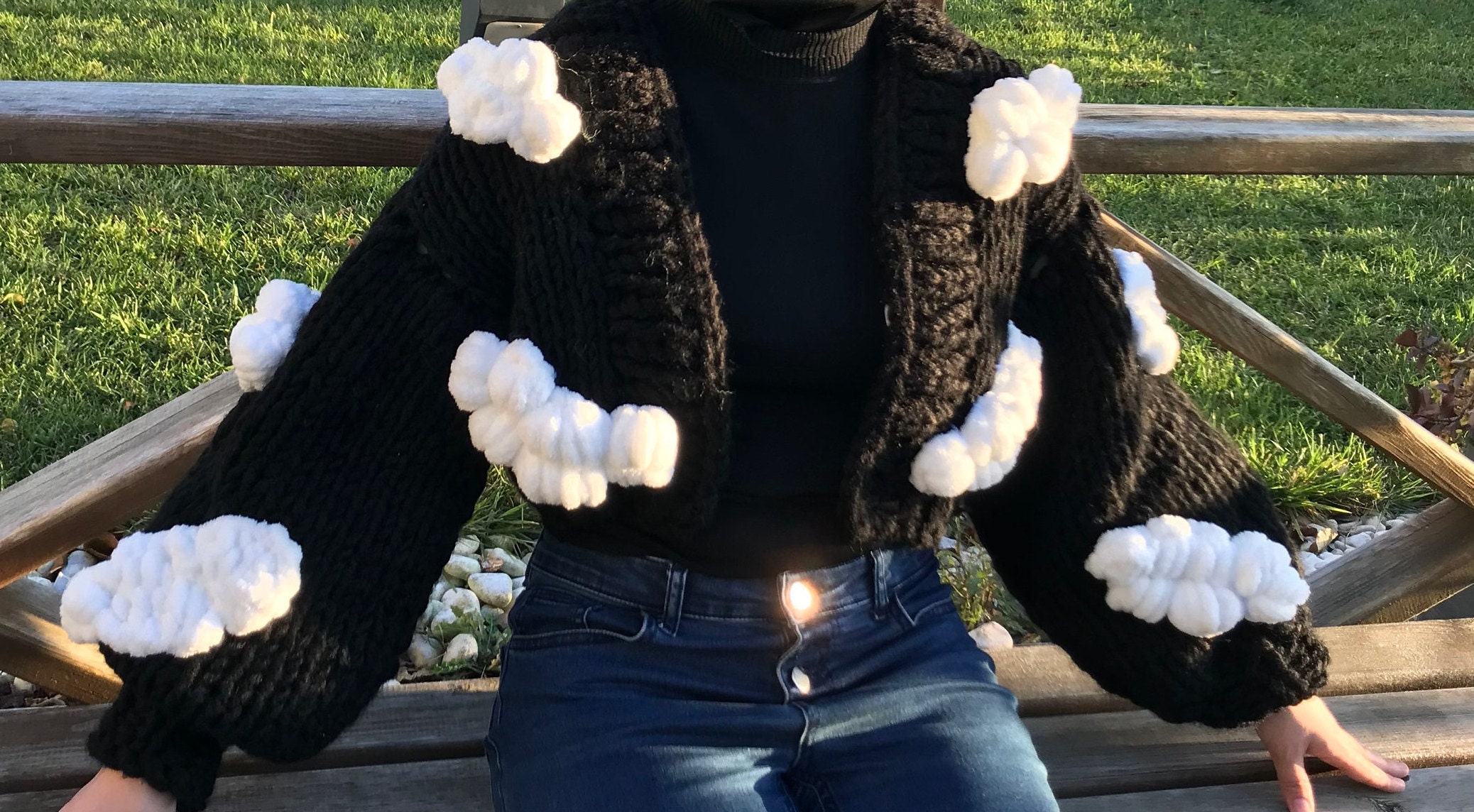 Cloud Knit Cardigan, 3D Fluffy Clouds, Black Chunky Cardigan for Women ...