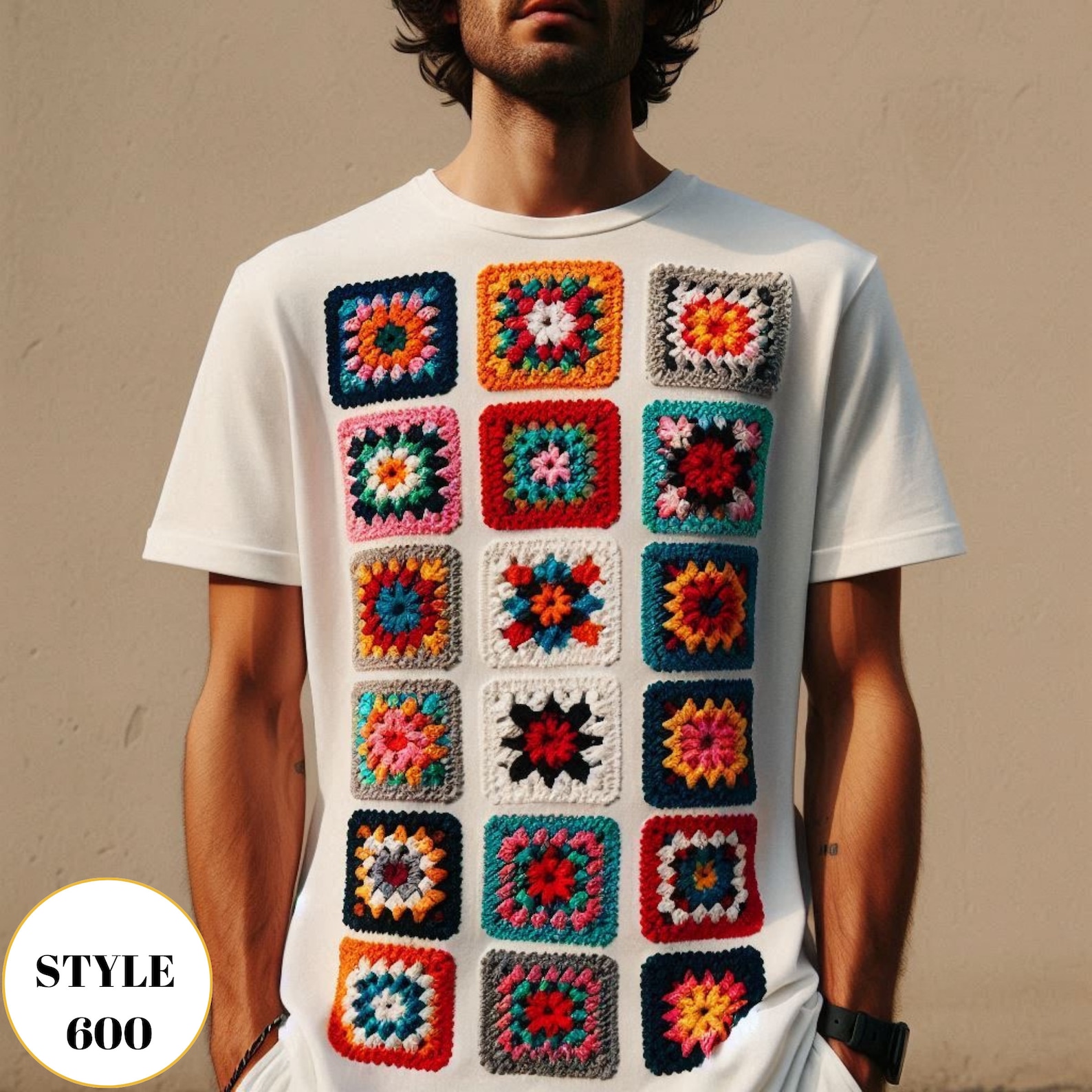 Granny Square Sewed Basic T-shirts, Colorful Crocheted Summer Tee ...