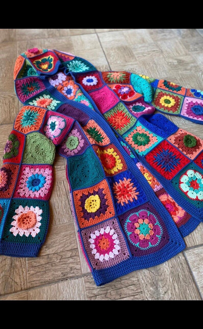 Crochet Cardigan Multicolor Hooded Granny Square Crochet - Etsy