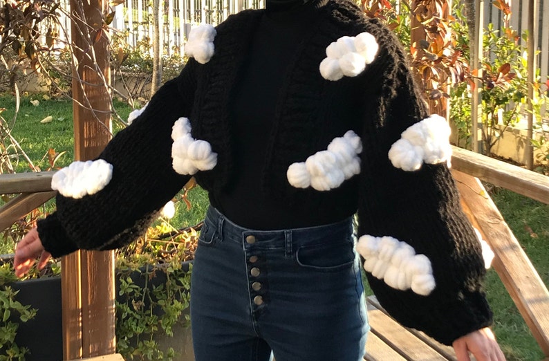 Cloud Knit Cardigan 3D Fluffy Clouds Black Chunky Cardigan - Etsy