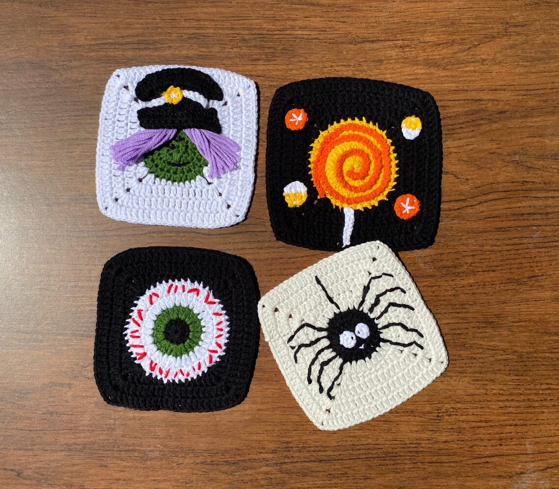 Halloween Theme Crocheted Squares Kit, Ghost, Witch, Eye, Pumpkin ...