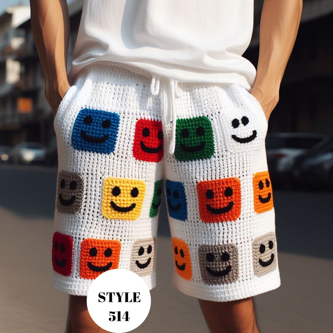 Smiley Face Men Shorts, Smile Face Crochet Short Pants for Men, Summer ...