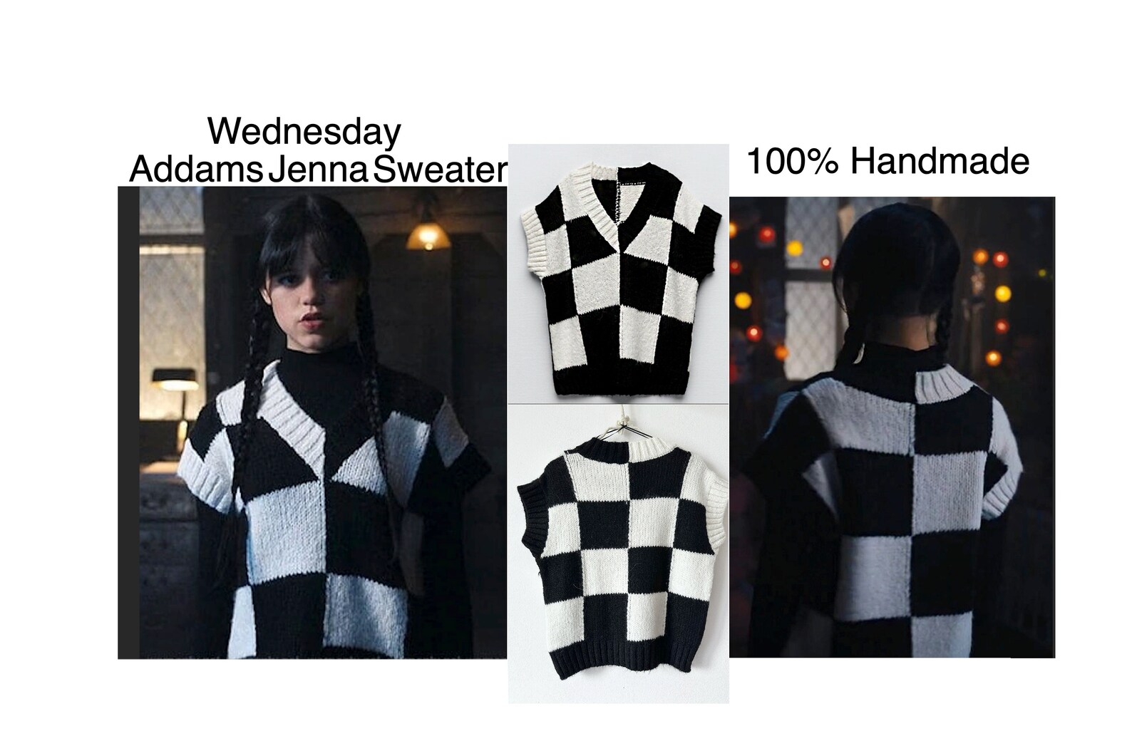 Wednesday Addams Jenna Black-white Sweater Vest, Handknit Oversize ...