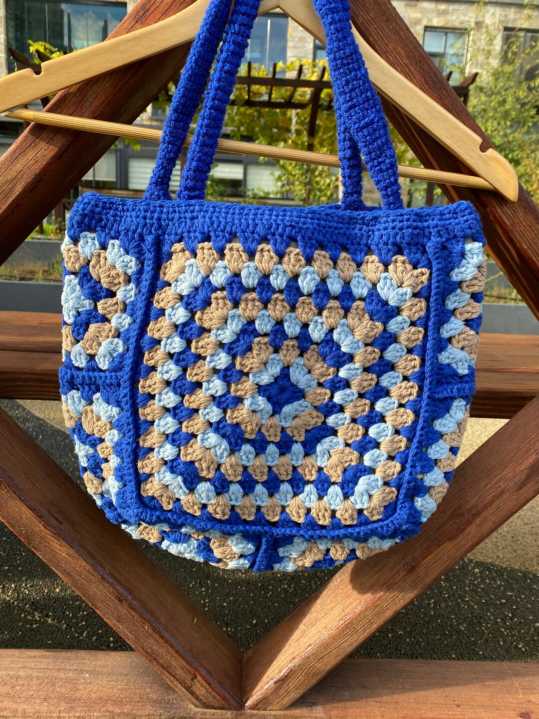 Crochet Bag, Crochet Tote Bag for Women, Brown/navy Blue Granny Square ...