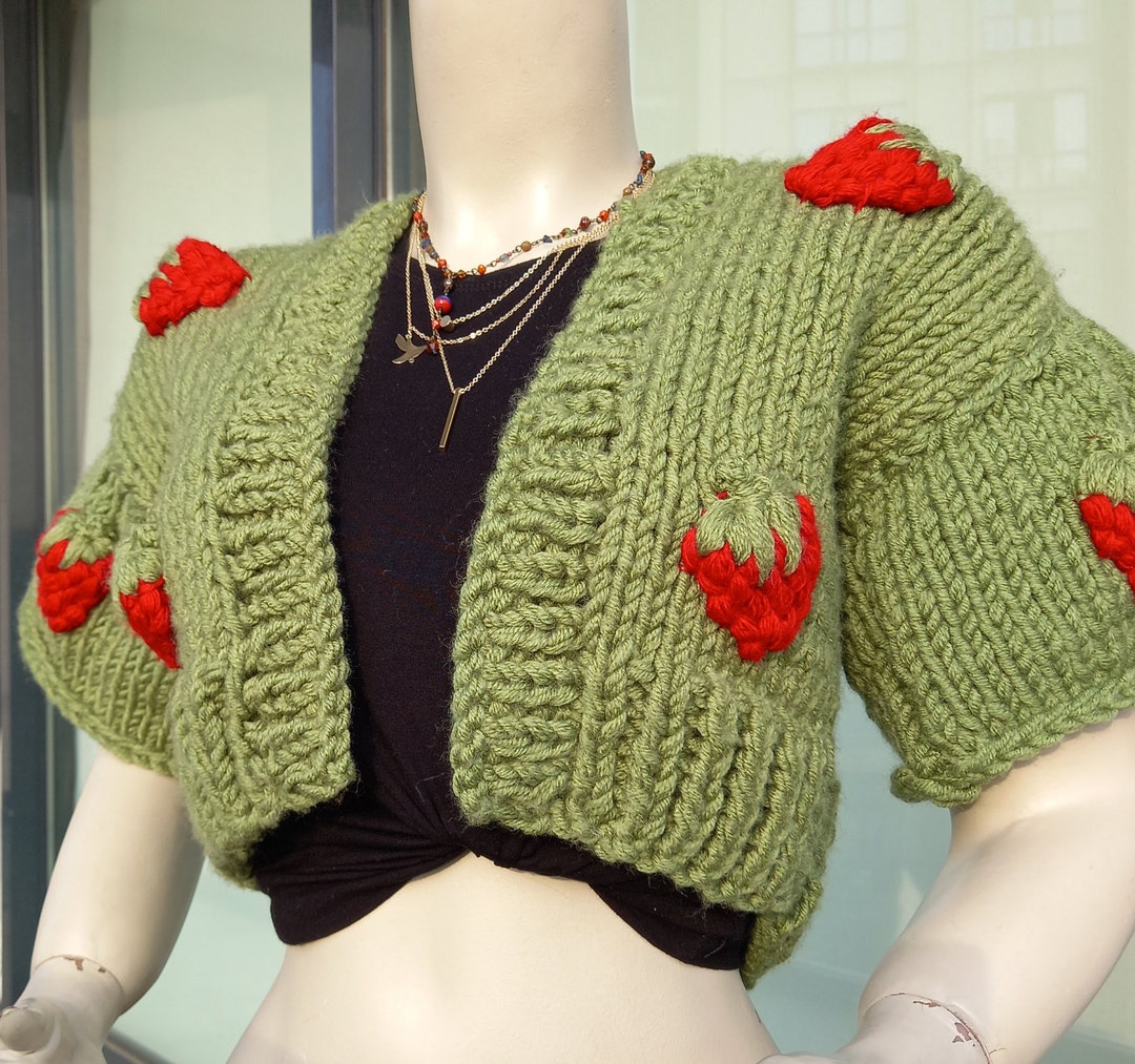 Strawberry Red & Green Sweater for Women, Short Sleeved Strawberry ...