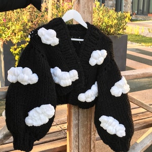 Cloud Knit Cardigan, 3D Fluffy Clouds, Black Chunky Cardigan for Women ...