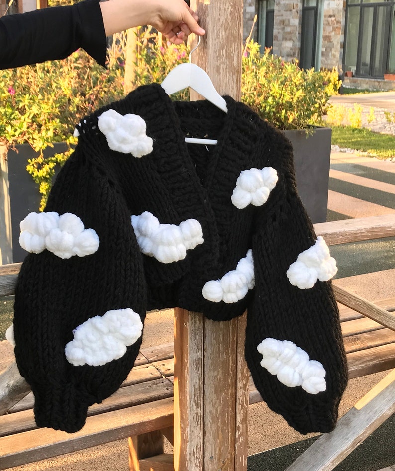 Cloud Knit Cardigan 3D Fluffy Clouds Black Chunky Cardigan - Etsy