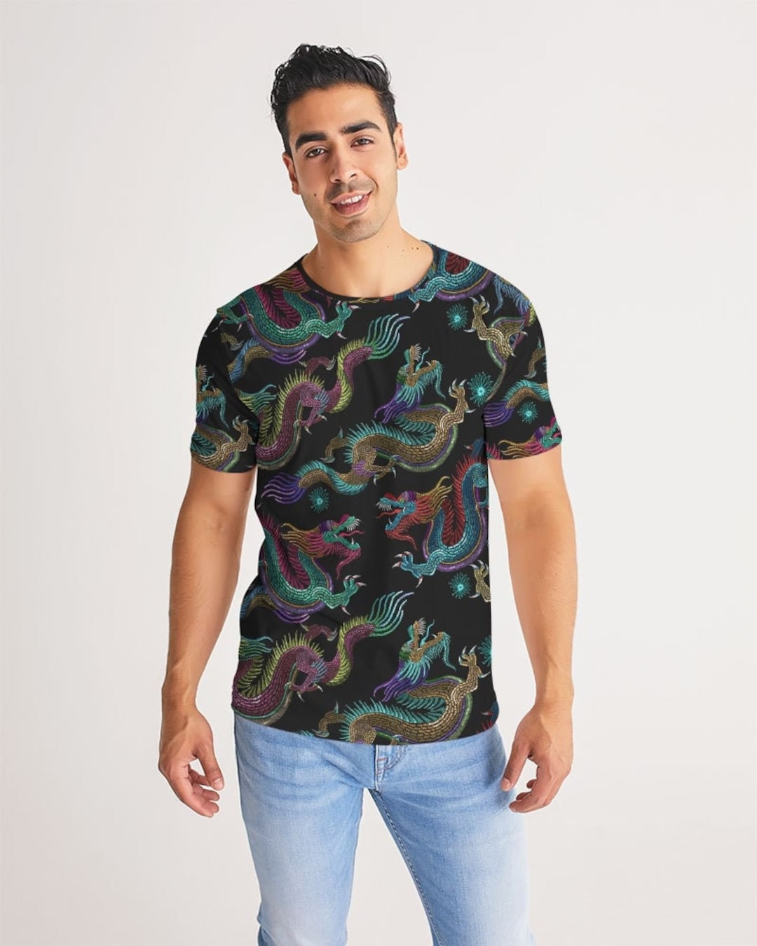 Japanese Dragon Embroidery Effect T-shirt, Mythical Dragon Design ...