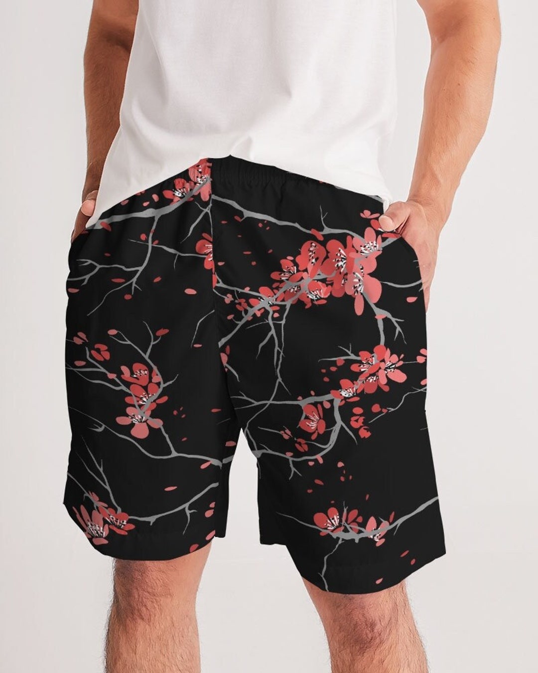 Cherry Blossom Jogger Shorts, Japanese Sakura Flower Print, Springtime ...