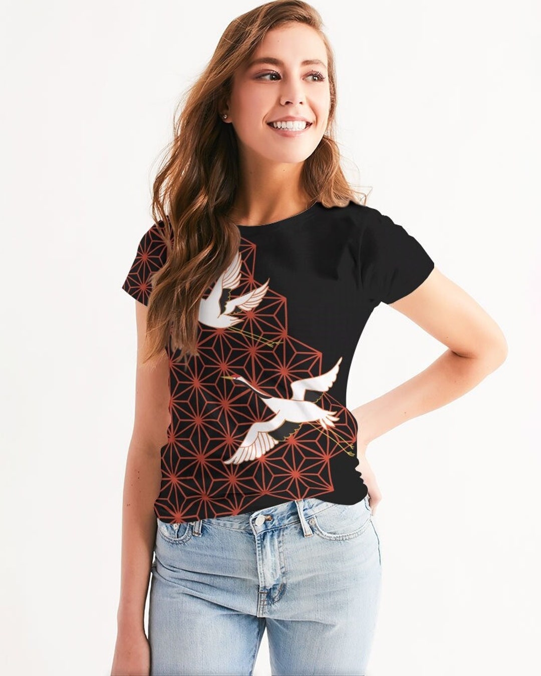 Beautiful Crane Print Tee, Geometric Graphic Japanese Style Shirt, Red ...