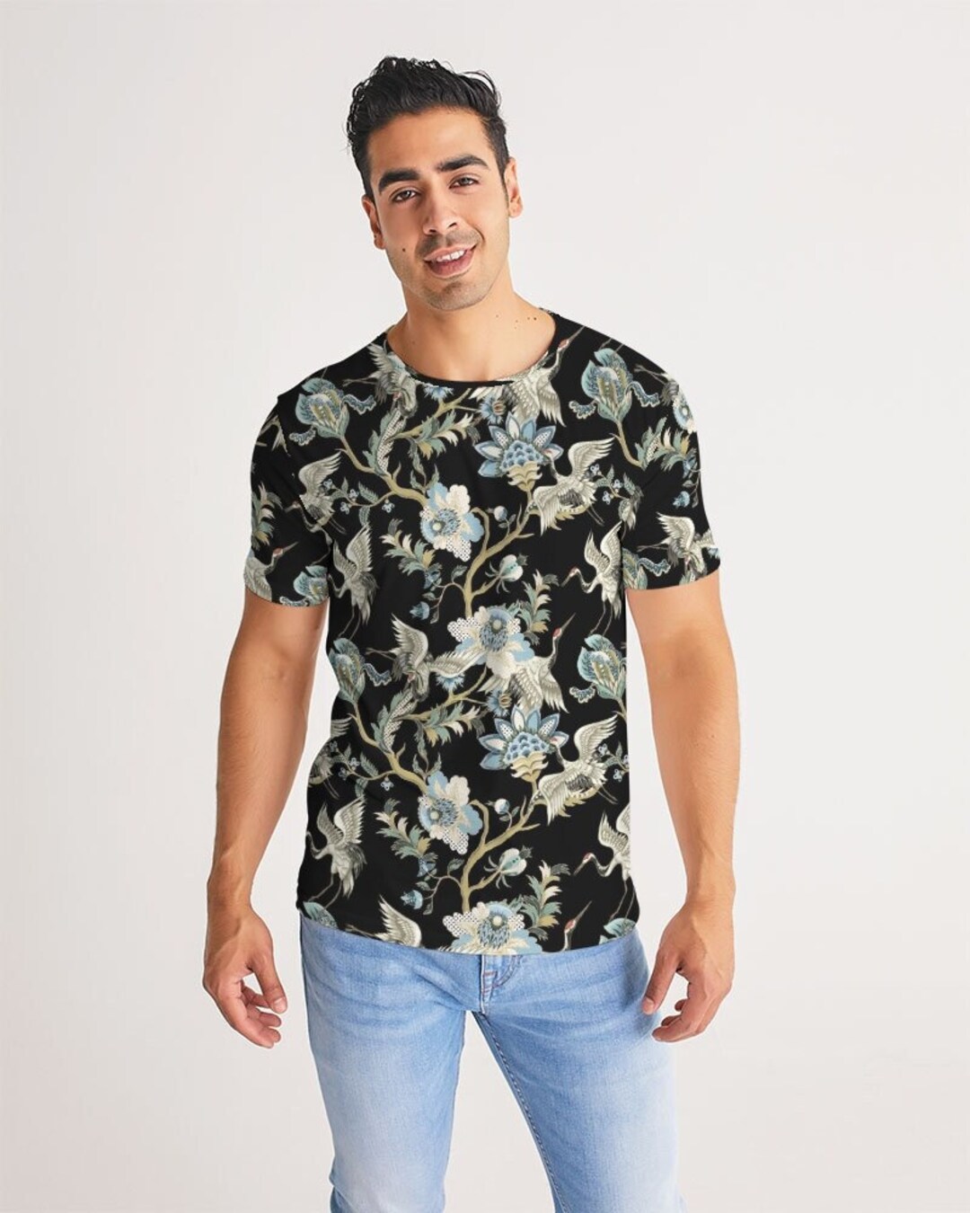 Japanese Crane Toile Shirt, Elegant Blue Bird Tee With Floral Toile ...