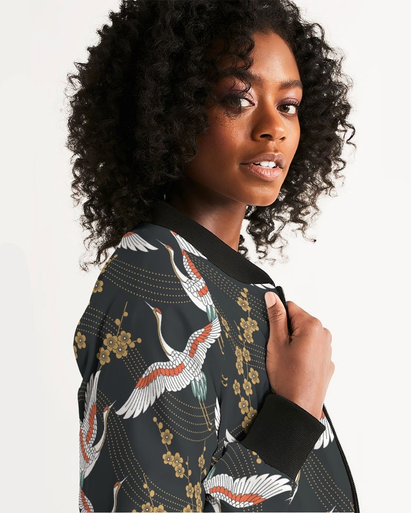 Japanese Crane & Plum Blossom Bomber Jacket, Red Crowned Crane Jacket ...